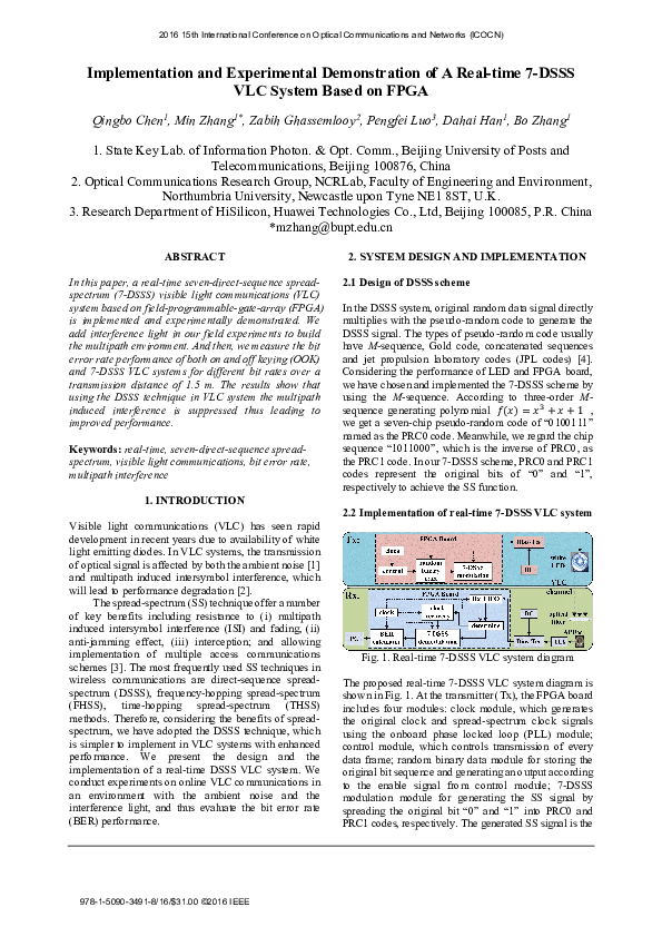 Pdf Implementation And Experimental Demonstration Of A Real Time 7 Dsss Vlc System Based On Fpga