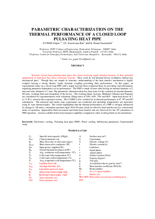 Doc Parametric Characterization On The Thermal Performance Of A Closed Loop Pulsating Heat Pipe