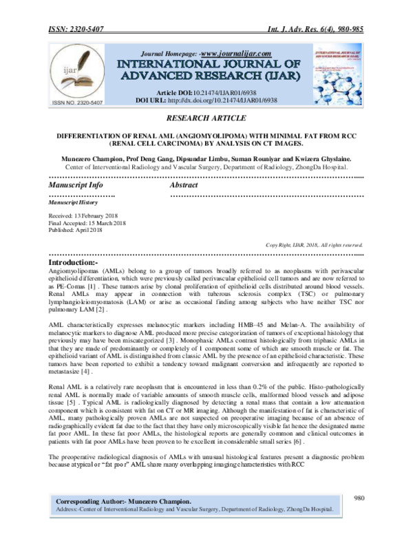 (PDF) DIFFERENTIATION OF RENAL AML (ANGIOMYOLIPOMA) WITH MINIMAL FAT ...