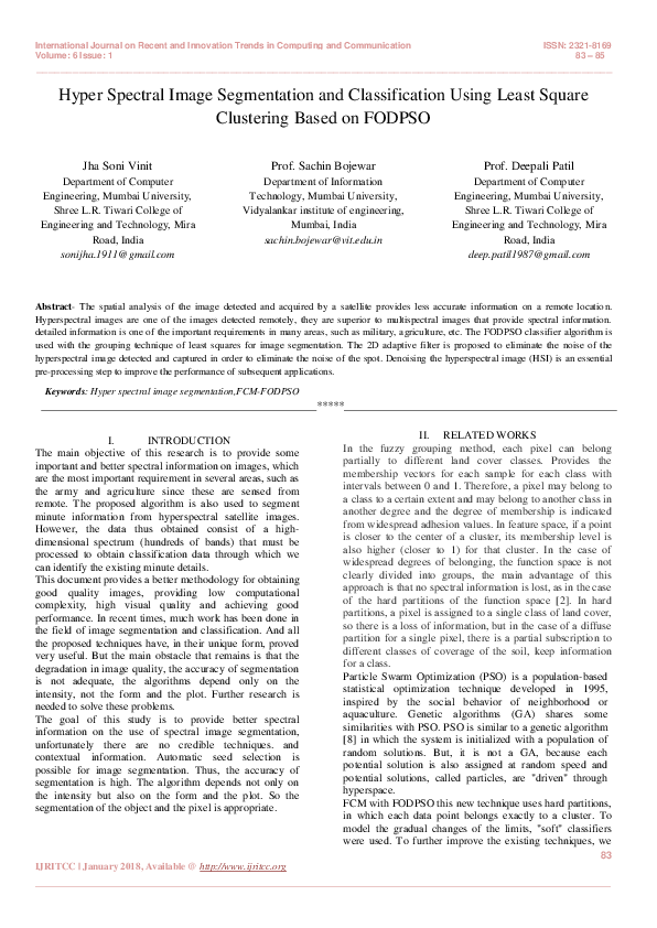Pdf Hyper Spectral Image Segmentation And Classification Using Least