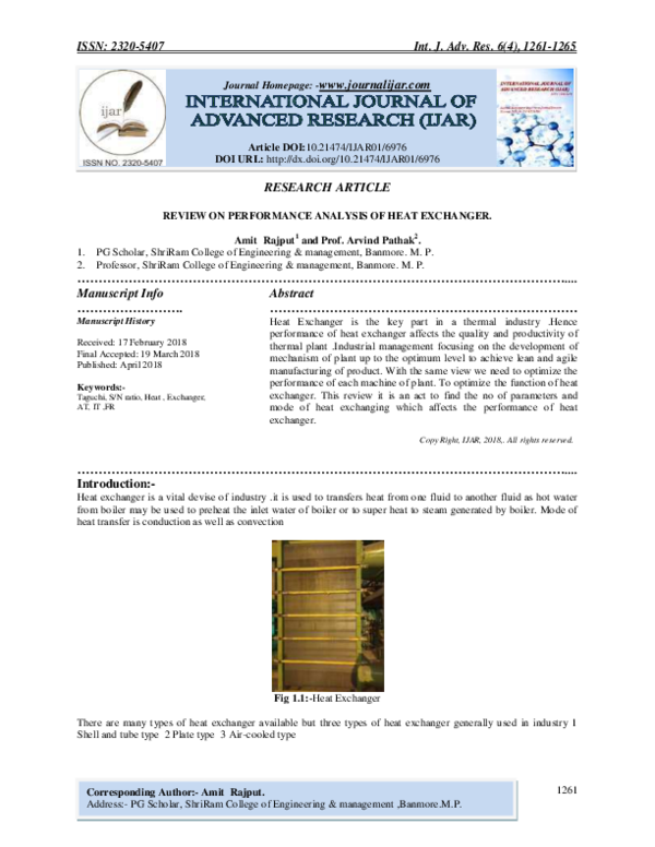 Pdf Review On Performance Analysis Of Heat Exchanger