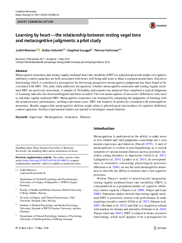 (PDF) Learning by heart—the relationship between resting vagal tone and metacognitive judgments ...