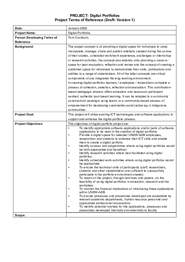 (PDF) PROJECT: Digital Portfolios Project Terms of Reference (Draft ...