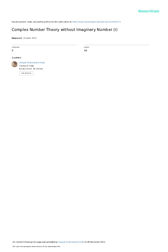 (PDF) Complex Number Theory without Imaginary Number (i) Complex Number ...