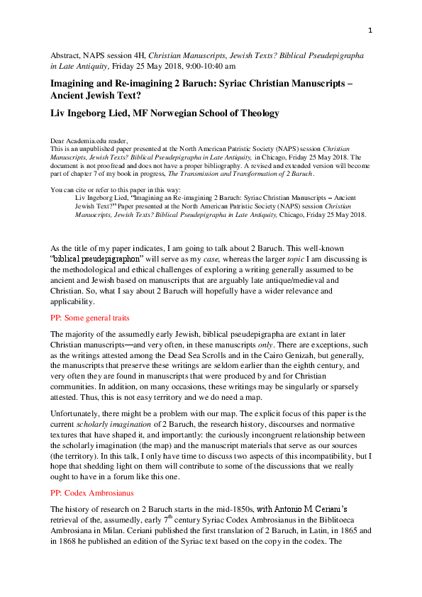 (PDF) Imagining and Re-imagining 2 Baruch: Syriac Christian Manuscripts ...