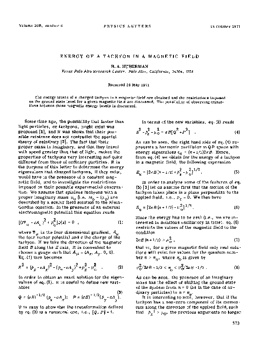 (PDF) Energy of a tachyon in a magnetic field | Bernardo Huberman ...