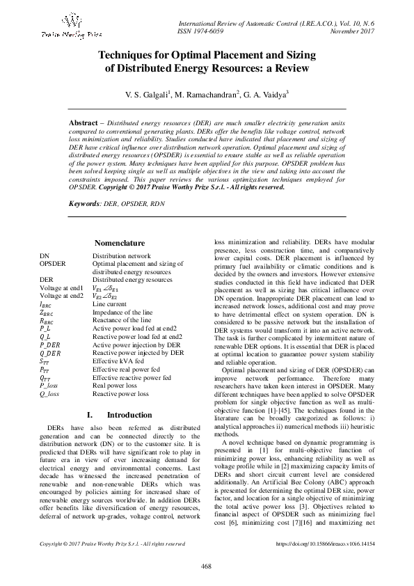 Pdf Techniques For Optimal Placement And Sizing Of Distributed Energy Resources A Review