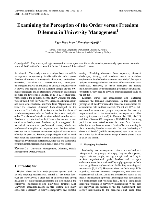 (PDF) Examining the Perception of the Order versus Freedom Dilemma in ...