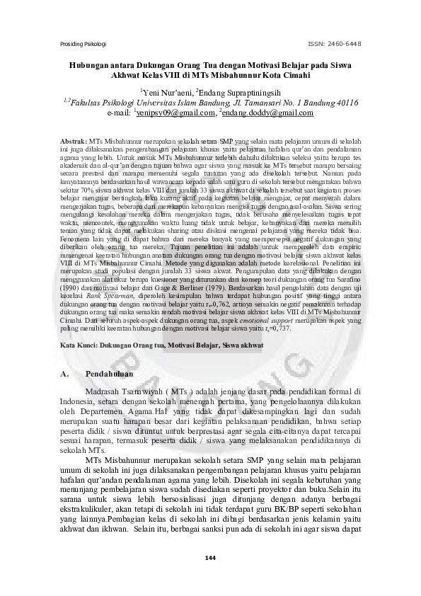 (PDF) Prosiding Psikologi Hubungan antara Dukungan Orang Tua dengan Motivasi Belajar pada Siswa ...