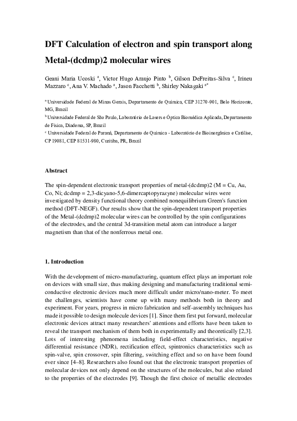 (PDF) DFT Calculation of electron and spin transport along Metal-(dcdmp ...
