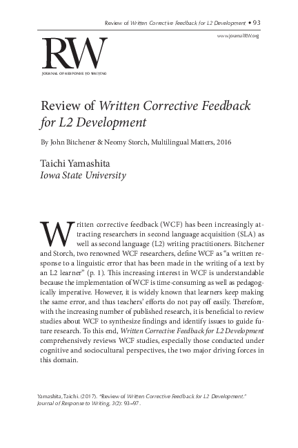 (PDF) Review of Written Corrective Feedback for L2 Development