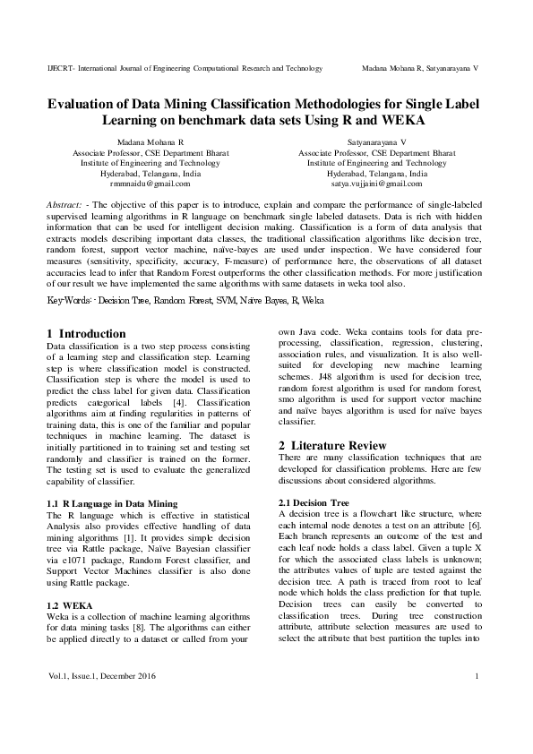 (PDF) Evaluation of Data Mining Classification Methodologies for Single Label Learning on ...