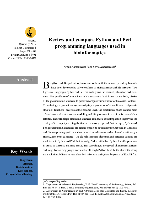 (PDF) Review and compare Python and Perl programming languages used in bioinformatics
