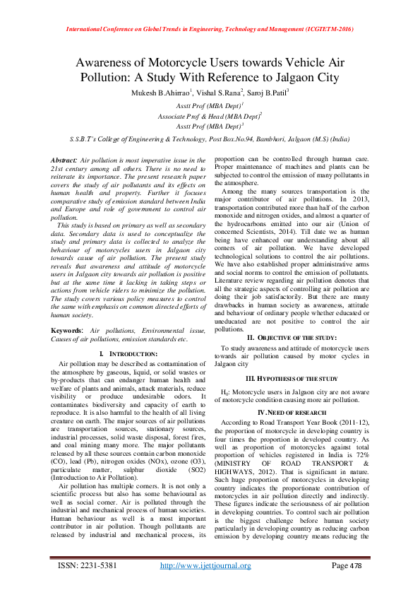 (PDF) Awareness of Motorcycle Users towards Vehicle Air Pollution: A ...