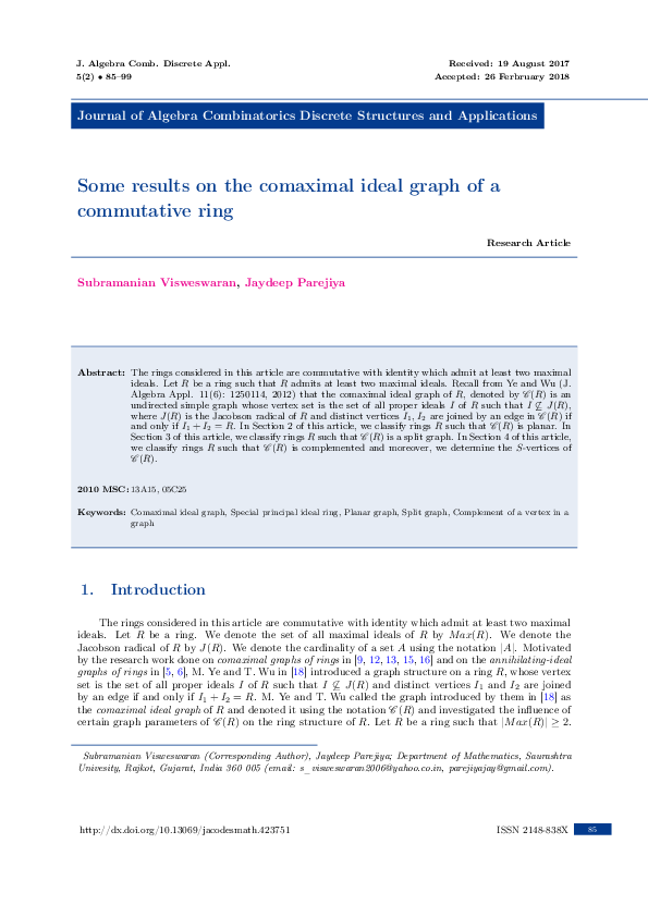 Pdf Some Results On The Comaximal Ideal Graph Of A Commutative Ring