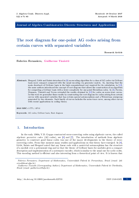 (PDF) The root diagram for one-point AG codes arising from certain curves with separated variables