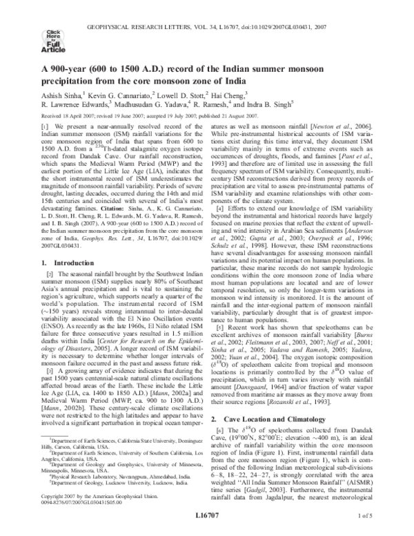 (PDF) A 900-year (600 to 1500 A.D.) record of the Indian summer monsoon ...
