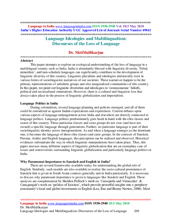(PDF) Language Ideologies and Multilingualism: Discourses of the Loss ...