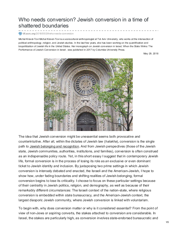 (PDF) Who needs conversion Jewish conversion in a time of shattered ...