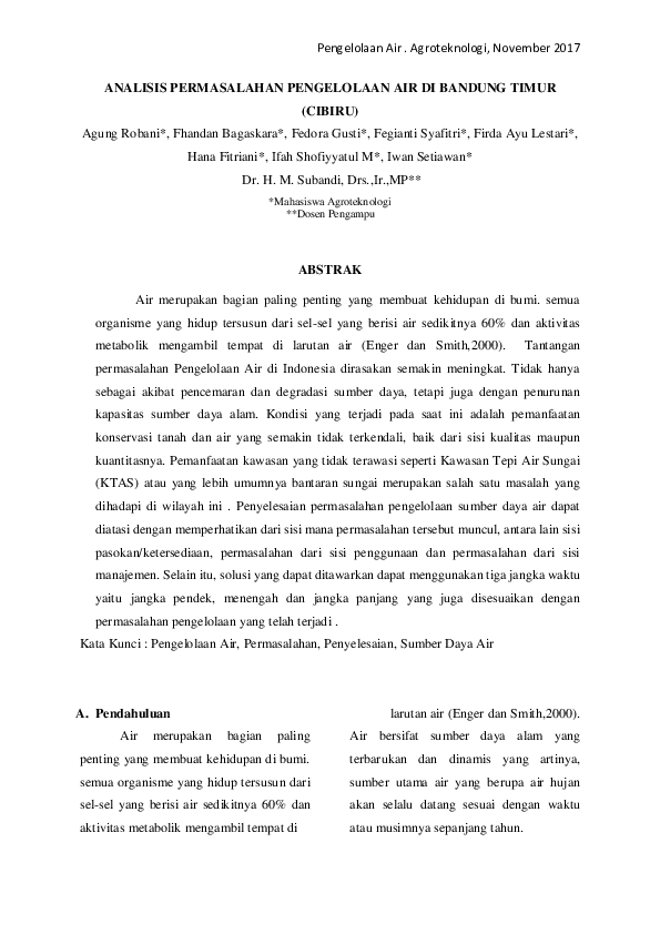 (PDF) ANALISIS PERMASALAHAN PENGELOLAAN AIR DI BANDUNG TIMUR CIBIRU
