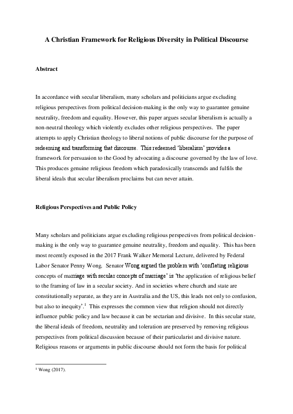(DOC) A Christian Framework for Religious Diversity in Political Discourse