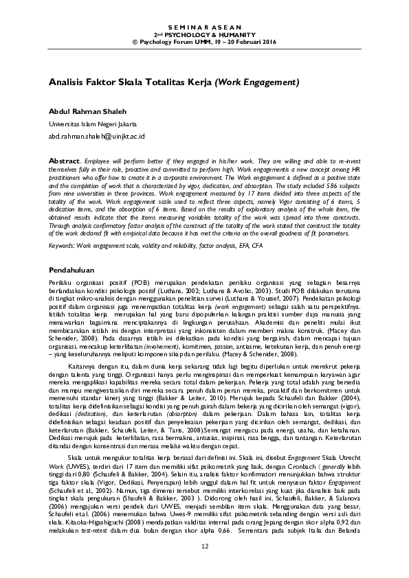 (PDF) S E M I N A R A S E A N 2 nd PSYCHOLOGY & HUMANITY Analisis Faktor Skala Totalitas Kerja ...