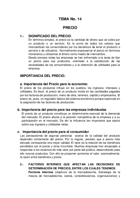 (DOC) TEMA No. 14 PRECIO 1.-SIGNIFICADO DEL PRECIO