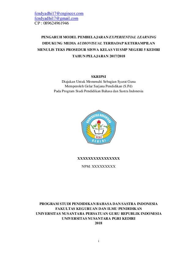(DOC) (SKRIPSI) PENGARUH MODEL PEMBELAJARAN EXPERIENTIAL LEARNING DIDUKUNG MEDIA AUDIOVISUAL ...