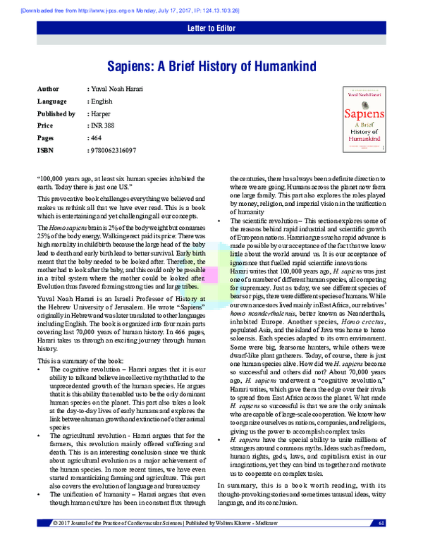 (PDF) Sapiens A brief history of humankind
