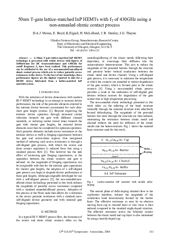 (PDF) 50nm T-gate lattice-matched InP HEMTs with fT of 430GHz using a ...