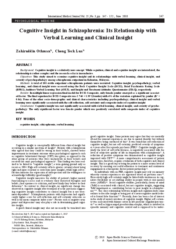 (PDF) Cognitive Insight in Schizophrenia: Its Relationship with Verbal Learning and Clinical Insight