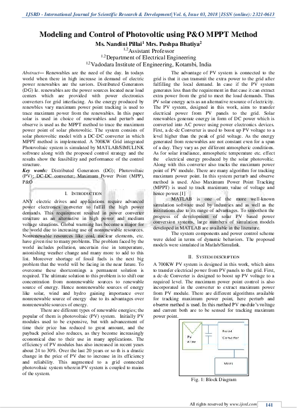 Pdf Modeling And Control Of Photovoltic Using Pando Mppt Method