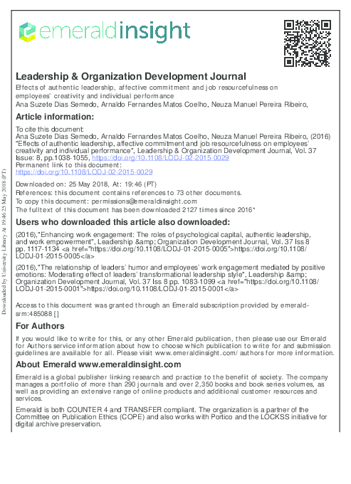 (PDF) Leadership & Organization Development Journal Effects of authentic leadership, affective ...