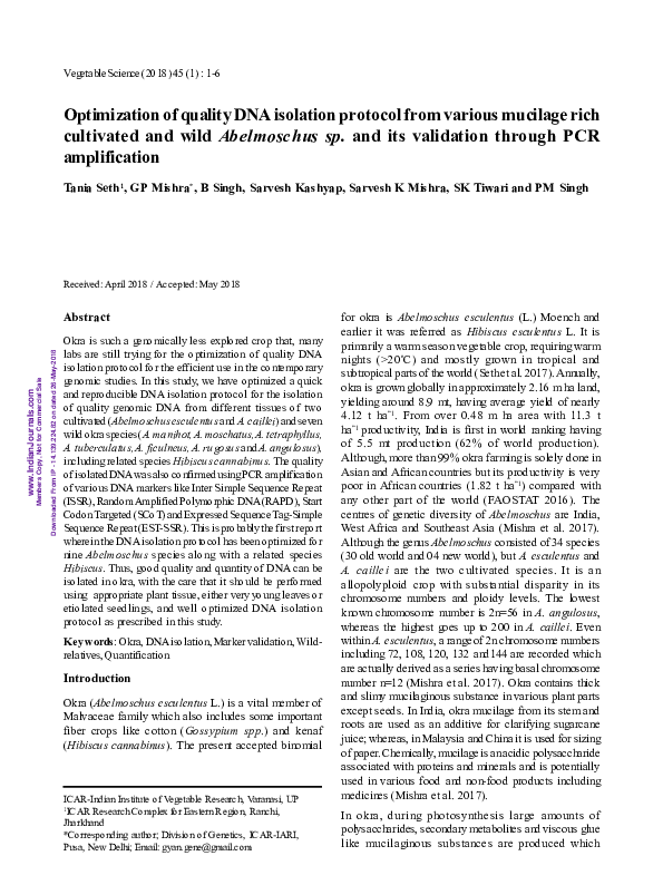 Pdf Optimization Of Quality Dna Isolation Protocol From Various Mucilage Rich Cultivated And