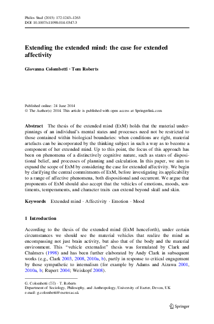 (PDF) Extending the extended mind: the case for extended affectivity