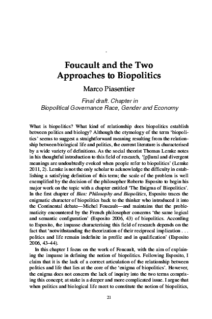 (PDF) Foucault and the Two Approaches to Biopolitics