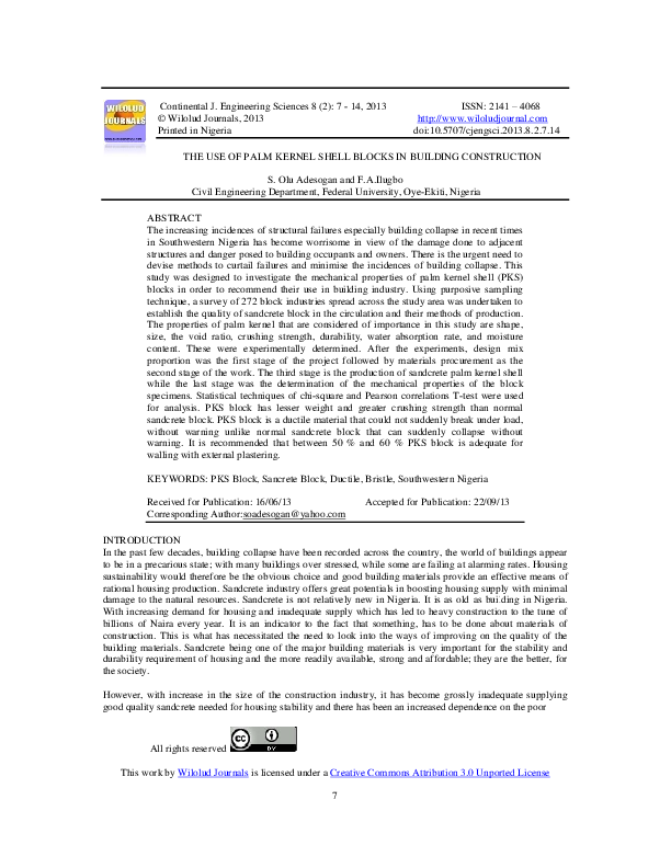 (PDF) THE USE OF PALM KERNEL SHELL BLOCKS IN BUILDING CONSTRUCTION