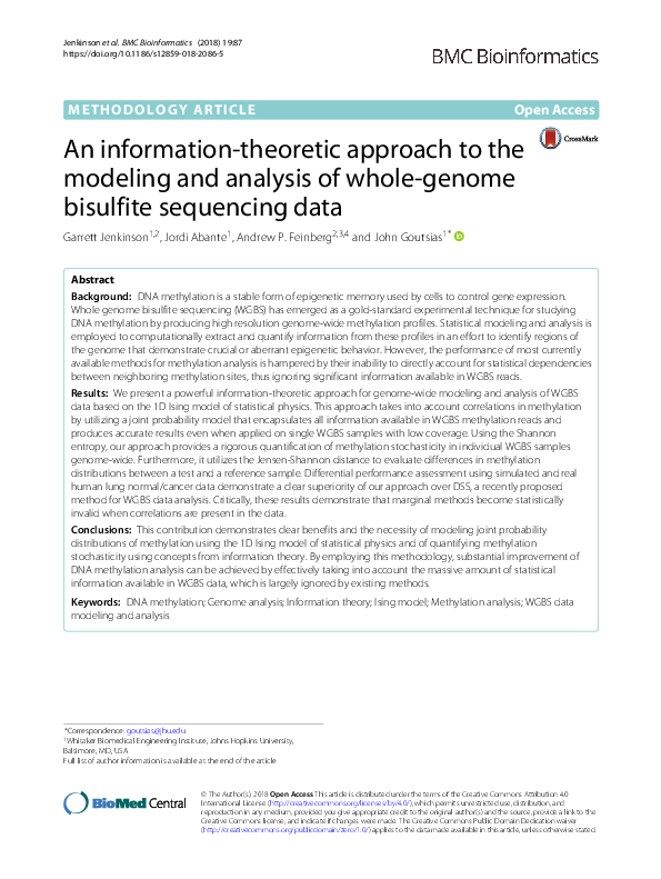 (PDF) An information-theoretic approach to the modeling and analysis of whole-genome bisulfite ...
