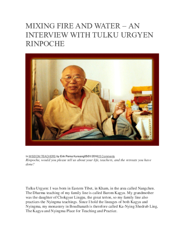 (DOC) MIXING FIRE AND WATER – AN INTERVIEW WITH TULKU URGYEN RINPOCHE