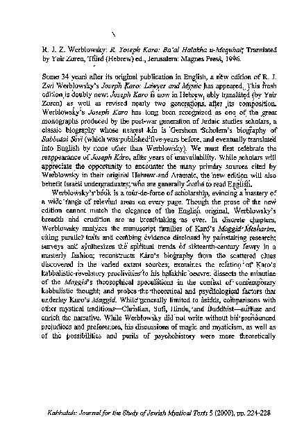 (PDF) J. H. Chajes, “Review of ‘R. Joseph Karo, third edition’, by R.J ...