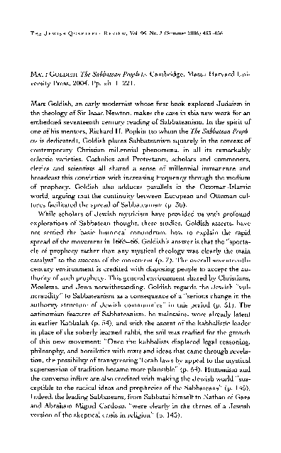 (PDF) J. H. Chajes, “Review of ‘The Sabbatean Prophets’, by Matt ...