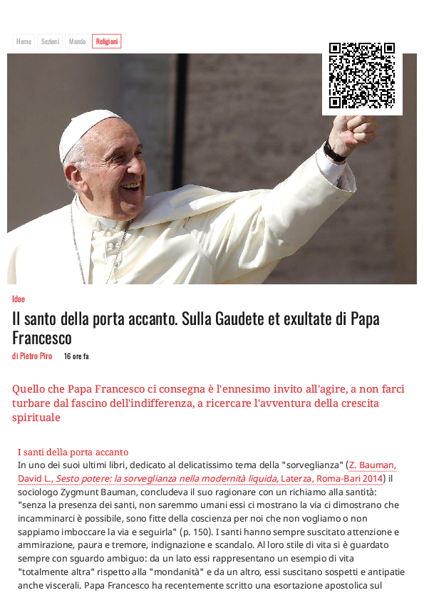 (PDF) Il santo della porta accanto. Sulla Gaudete et exultate di Papa ...