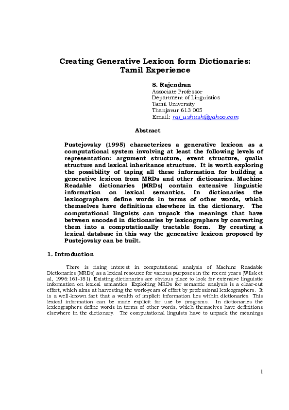 (PDF) Creating Generative Lexicon from MRDs: Tamil Experience