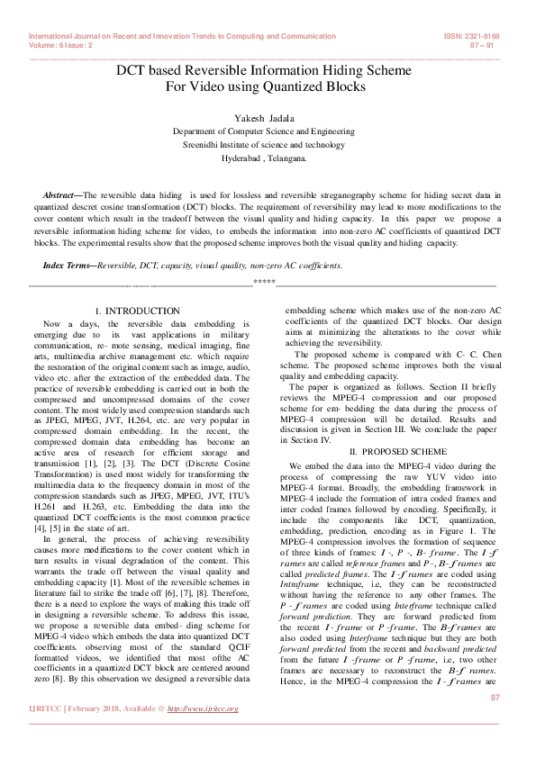 (PDF) DCT based Reversible Information Hiding Scheme For Video using Quantized Blocks ...