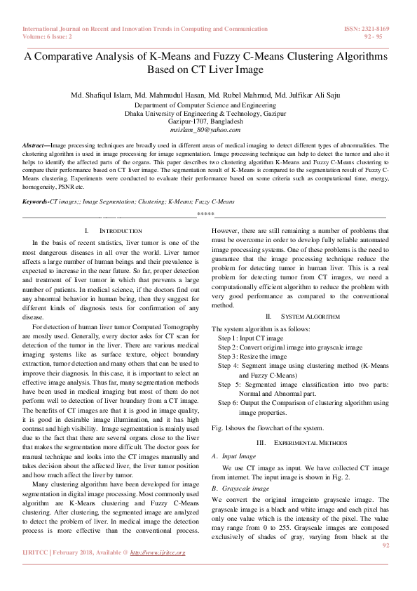 (PDF) A Comparative Analysis of K-Means and Fuzzy C-Means Clustering Algorithms Based on CT ...