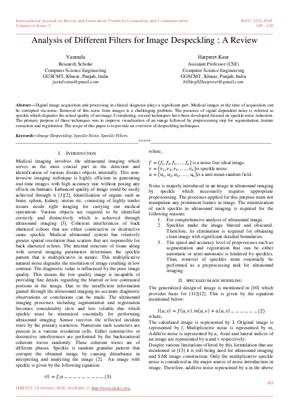 (PDF) Analysis of Different Filters for Image Despeckling : A Review