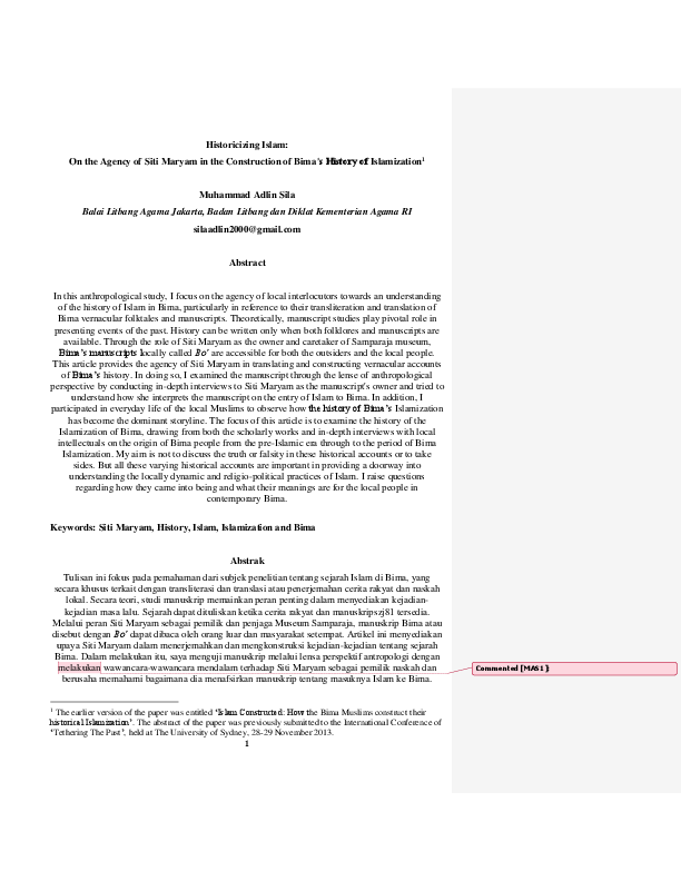 (DOC) Historicizing Islam: On the Agency of Siti Maryam in the Construction of Bima's History of ...