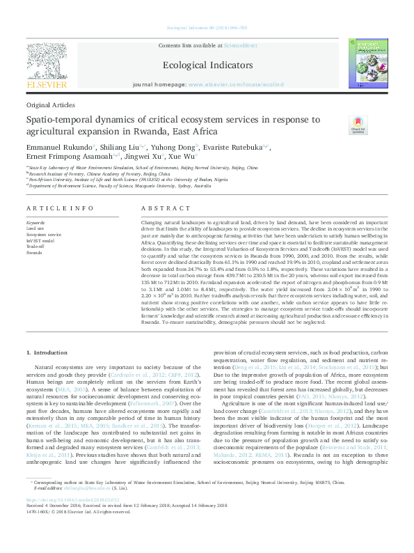Pdf Spatio Temporal Dynamics Of Critical Ecosystem Services In Response To Agricultural