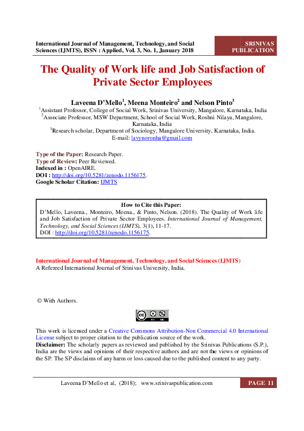 (PDF) The Quality of Work life and Job Satisfaction of Private Sector ...