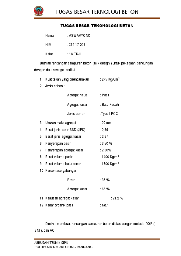(DOC) Rancangan Campuran Beton (Mix Design ) Metode DOE SNI
